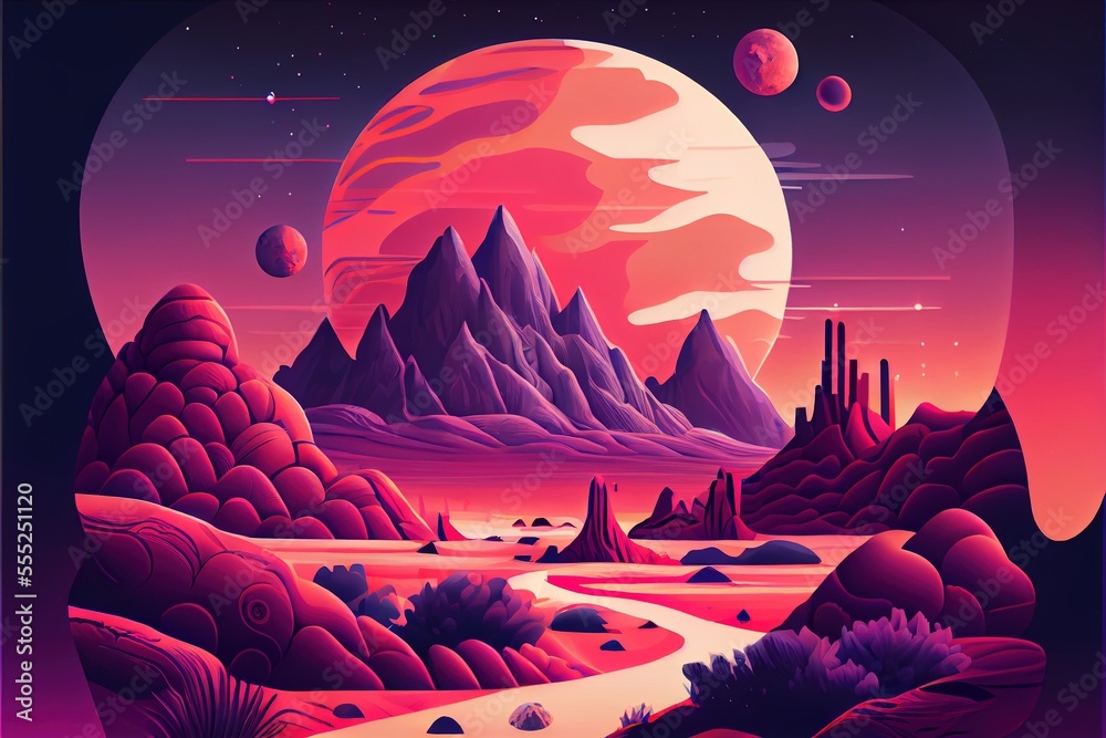 Vaporwave Synthwave cyberpunk background with large planet, moons and ...