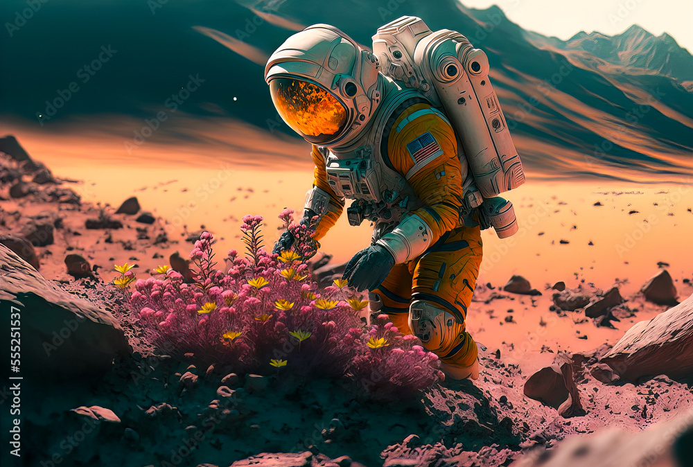 Astronaut picking beautiful flowers on a mesmerizing alien planet ...