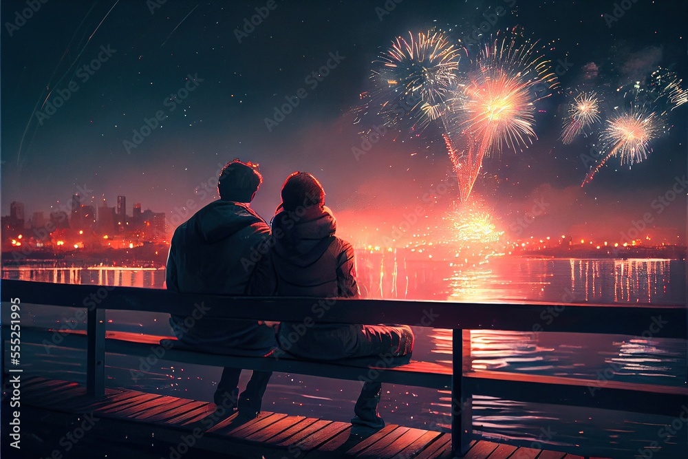 A couple cuddling and watching fireworks on a new year's eve, night ...