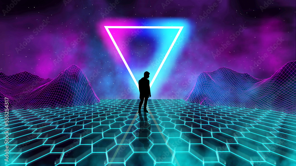 Retro futuristic background for game with man silhouette. Neon triangle ...
