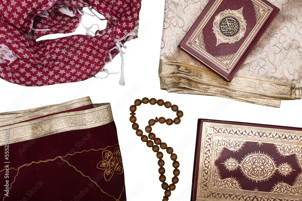 Ramadhan objects. Holy Quran and wooden cheekbones Stock Photo | Adobe ...