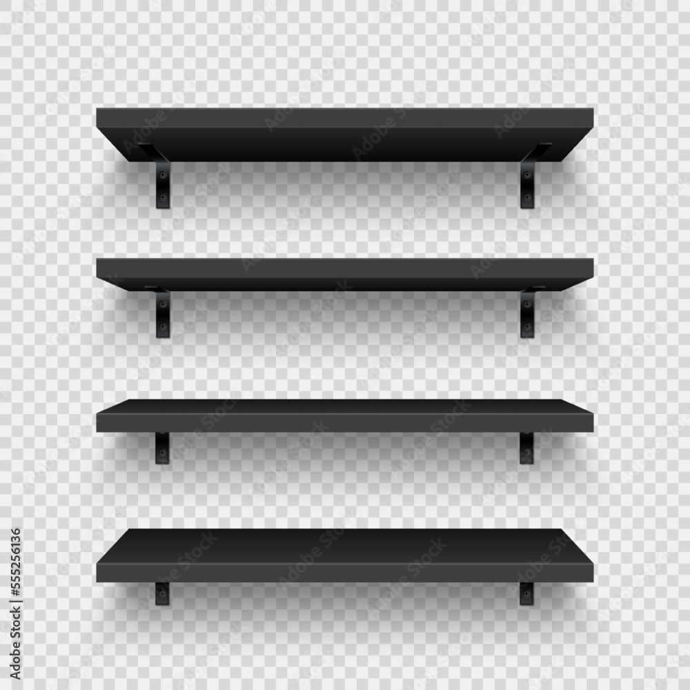 Realistic black store shelves with wall mount. Empty product shelf ...