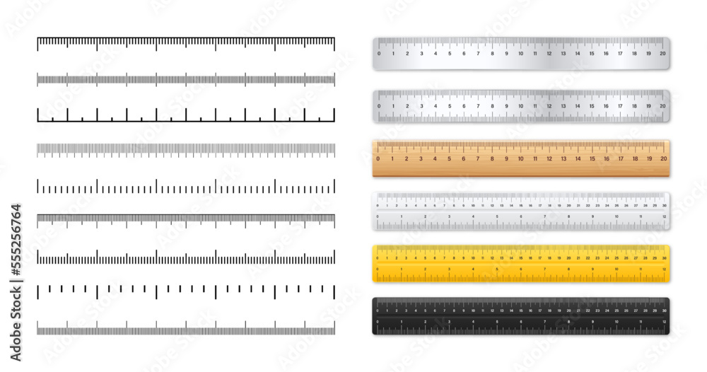 Realistic metal and plastic rulers. Measurement scales with divisions ...