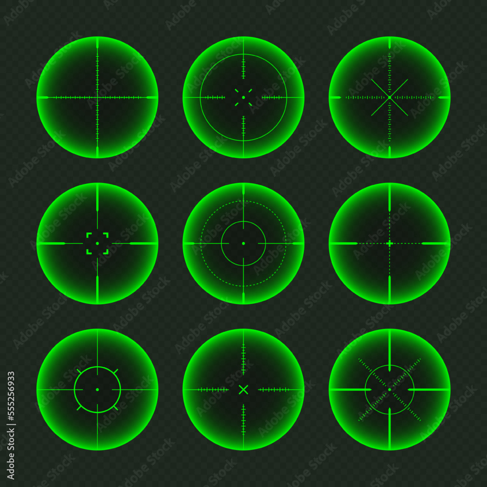 Various weapon night sights, sniper rifle optical scopes. Hunting gun ...