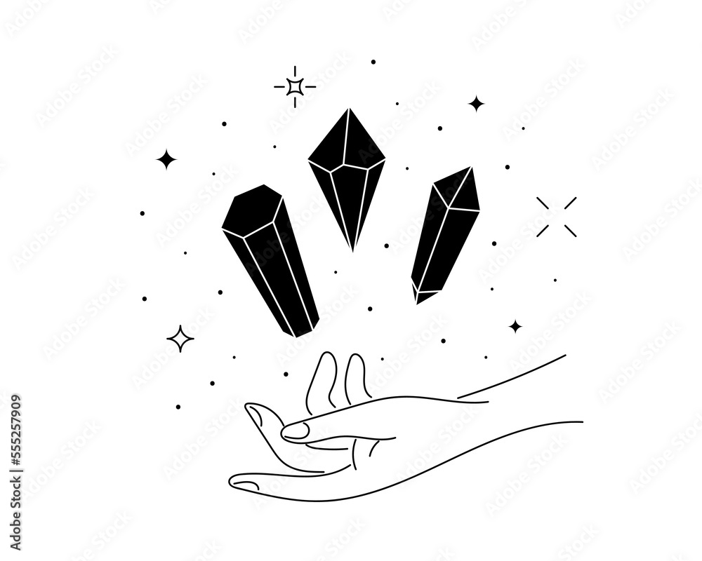 Mystic celestial crystals and constellation stars levitate over woman ...