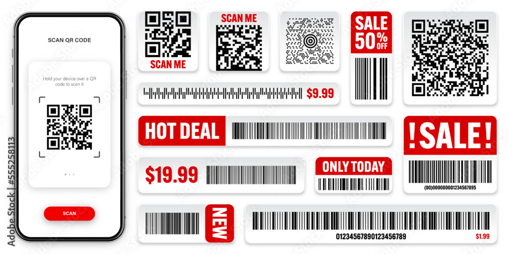 Product barcodes and QR codes. Smartphone application, scanner app ...