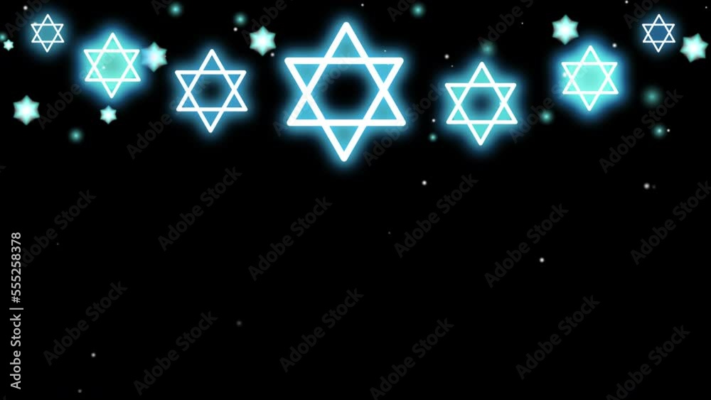 A Jewish background with David's Neon stars and snow on a black screen ...