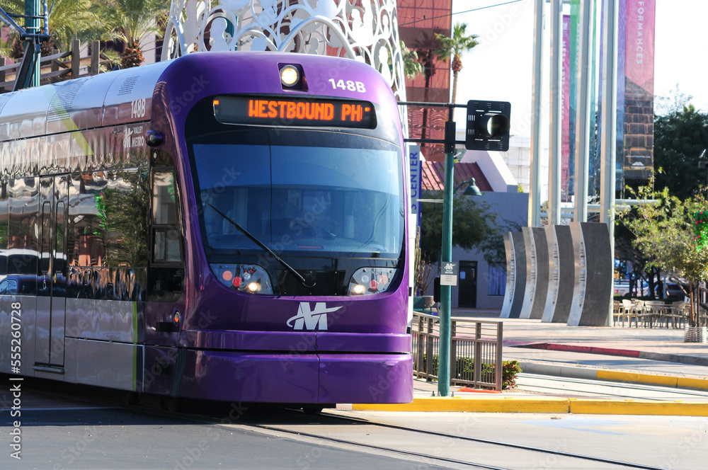 Valley Metro Rail vehicle travelling westbound at Main Street and ...