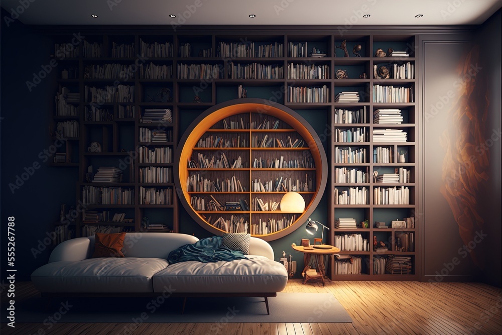 Big library shelves with many books in white contemporary living room ...