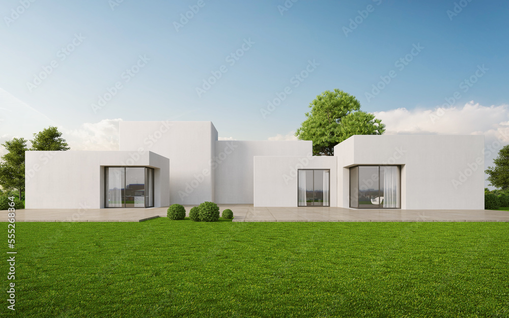 Boxes house exterior with grass and blue sky.3d rendering Stock ...