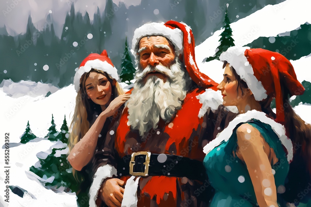Handsome Macho Santa Claus accompanied by his female elves. Two ...