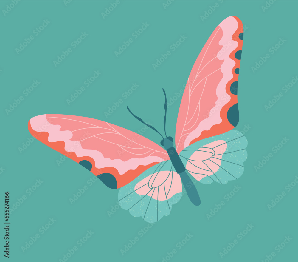 Bright butterflies icon. Colorful insect with pink green wings. Sticker ...
