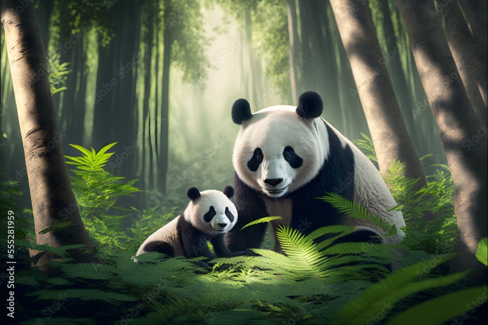 Mother panda and her cub happy together in a daytime scene in the wild ...