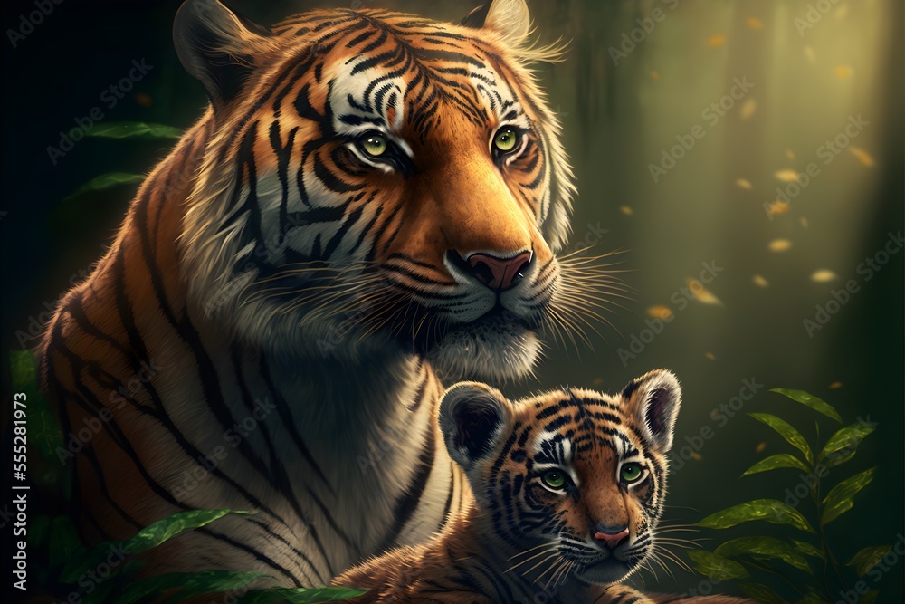 Tigress mother and her calf happy together in a daytime scene in the ...