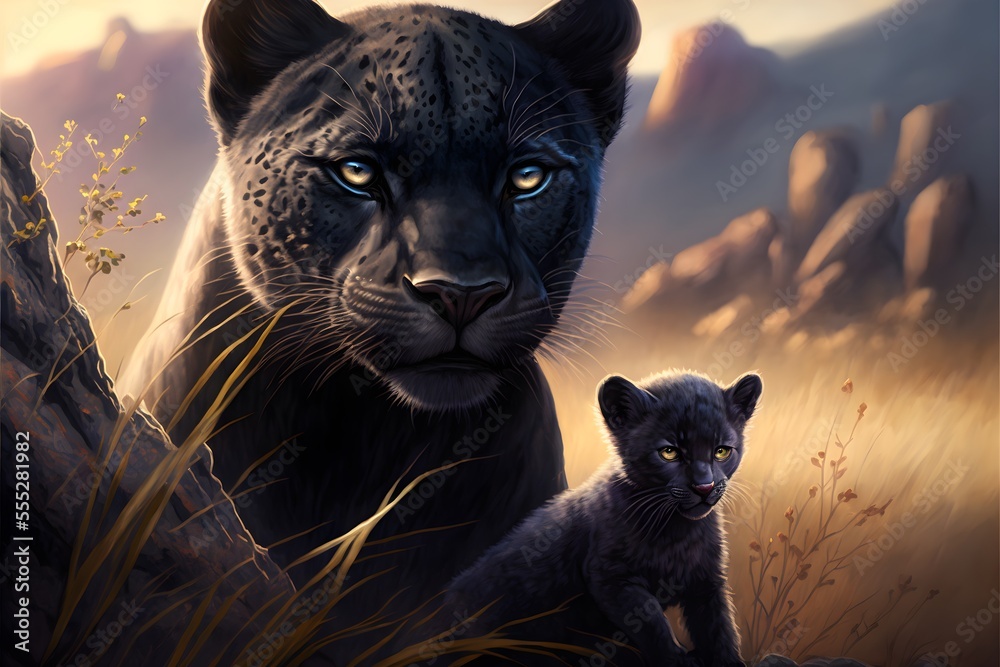 Mother Black panther and her cub, happy together in a daytime scene in ...