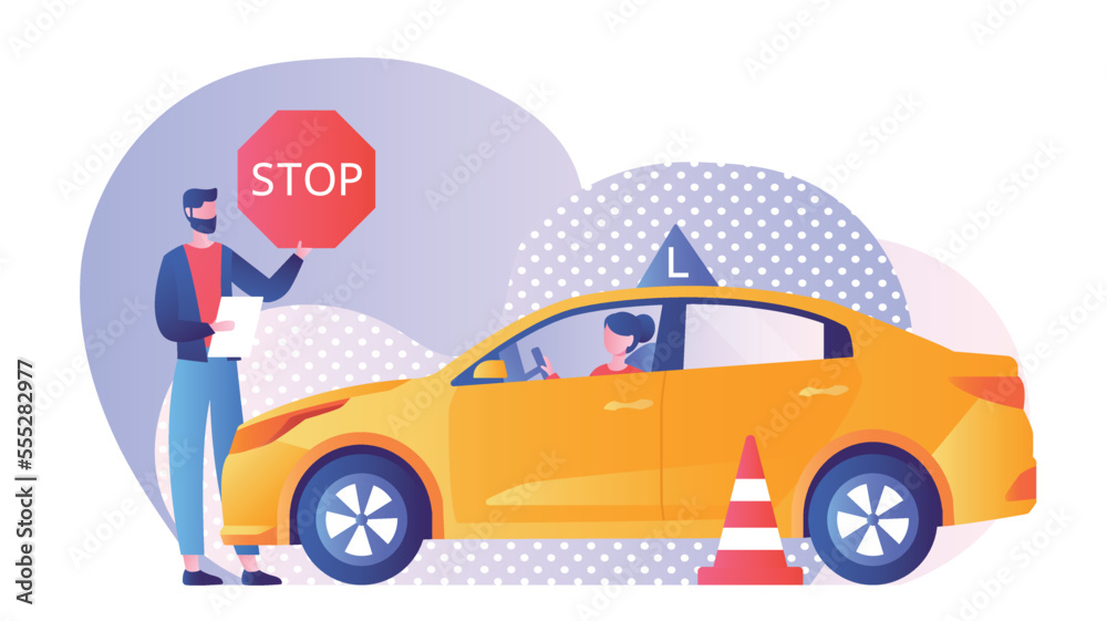 Driver course concept. Man evaluates young girl driving car. Test or ...