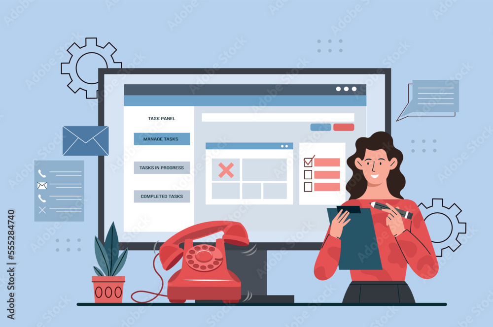 Vecteur Stock Secretary at workplace. Girl with tablet and pencil on ...