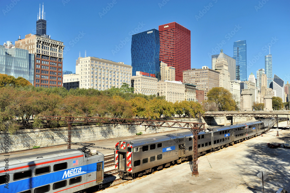 Metra commuter trains just outside Chicago's Randolph Street Station ...