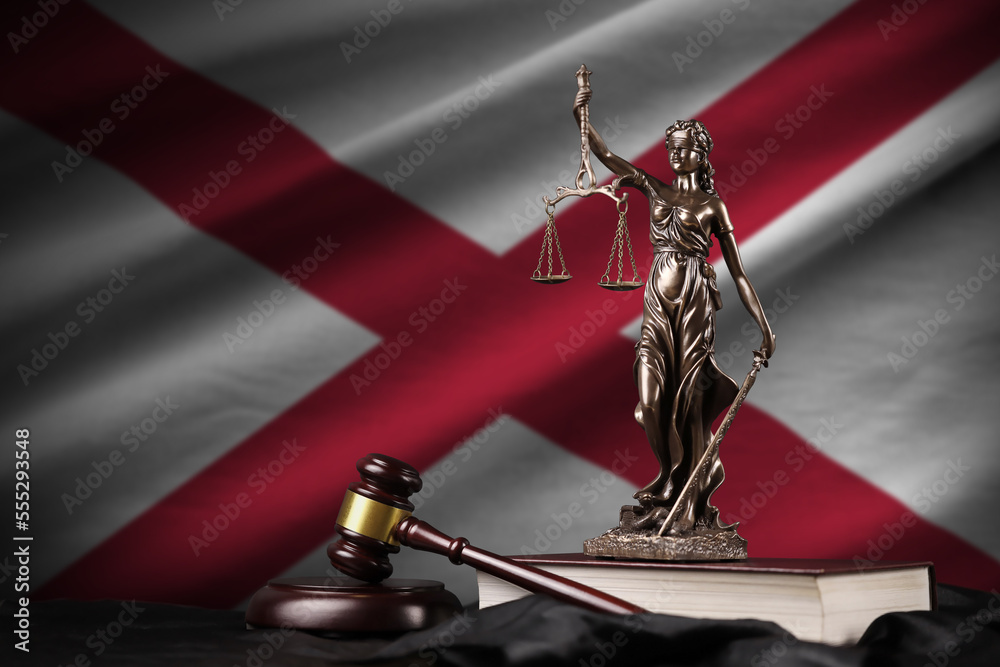Alabama US state flag with statue of lady justice, constitution and ...