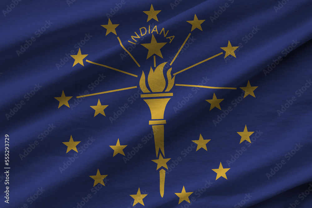 Indiana US state flag with big folds waving close up under the studio ...
