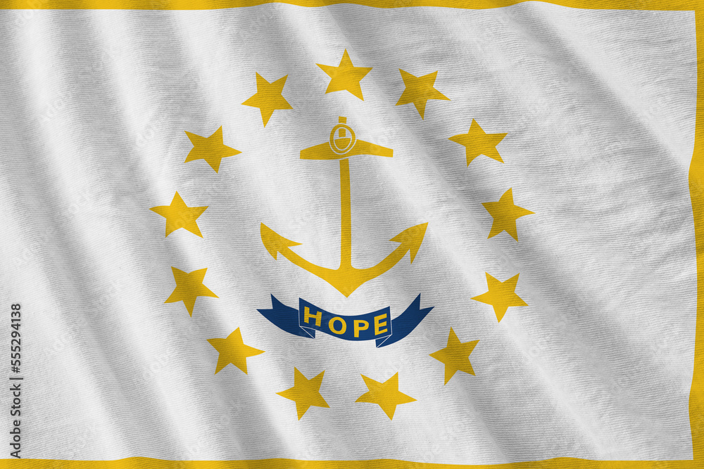 Rhode Island US state flag with big folds waving close up under the ...