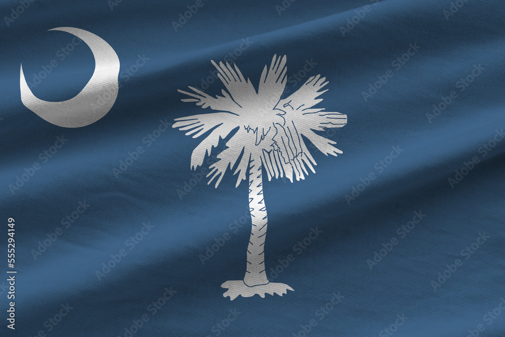 South Carolina US state flag with big folds waving close up under the ...