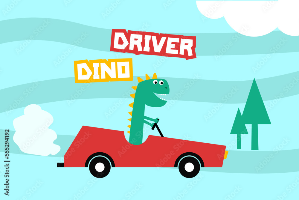 Vector dino on car cartoon concept design illustration Stock Vector ...