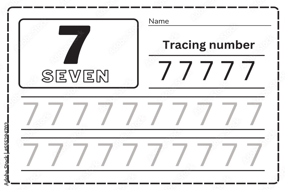 Vektorová grafika „Number seven tracing practice worksheet for kids ...