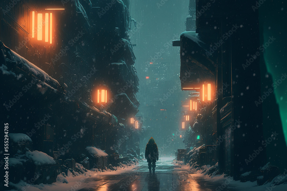 Cyberpunk Post Apocalyptic Dystopian Winter City Narrow Street Neon