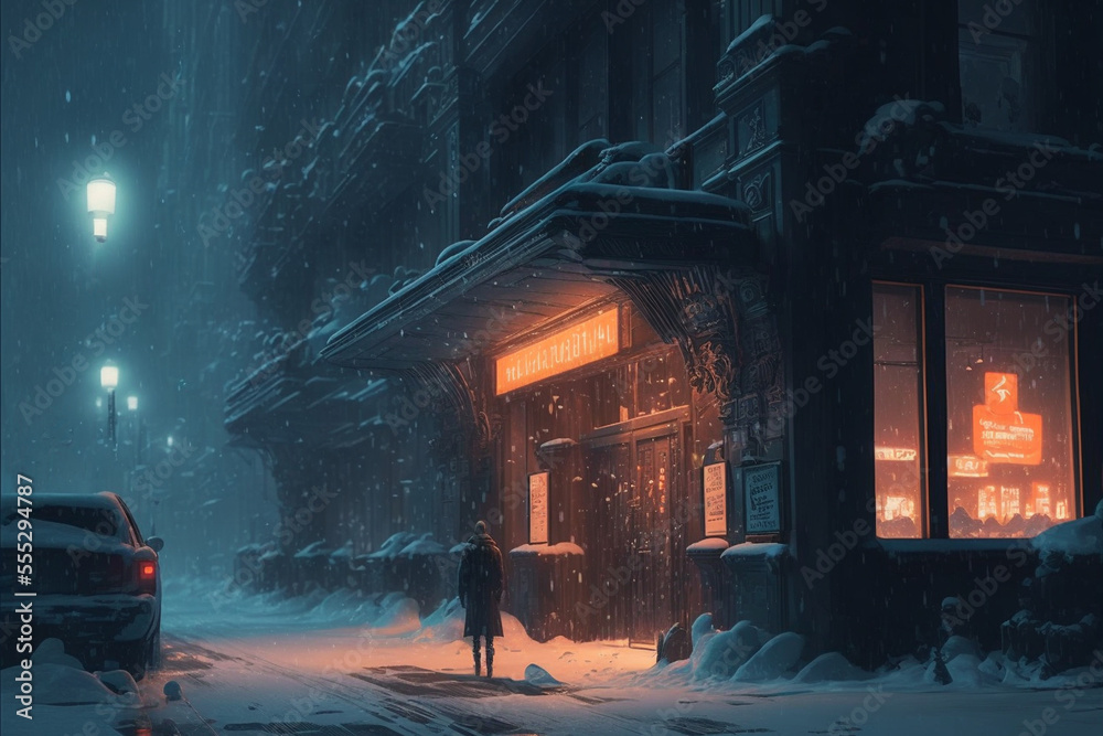 cyberpunk post-apocalyptic dystopian winter city , narrow street, neon ...