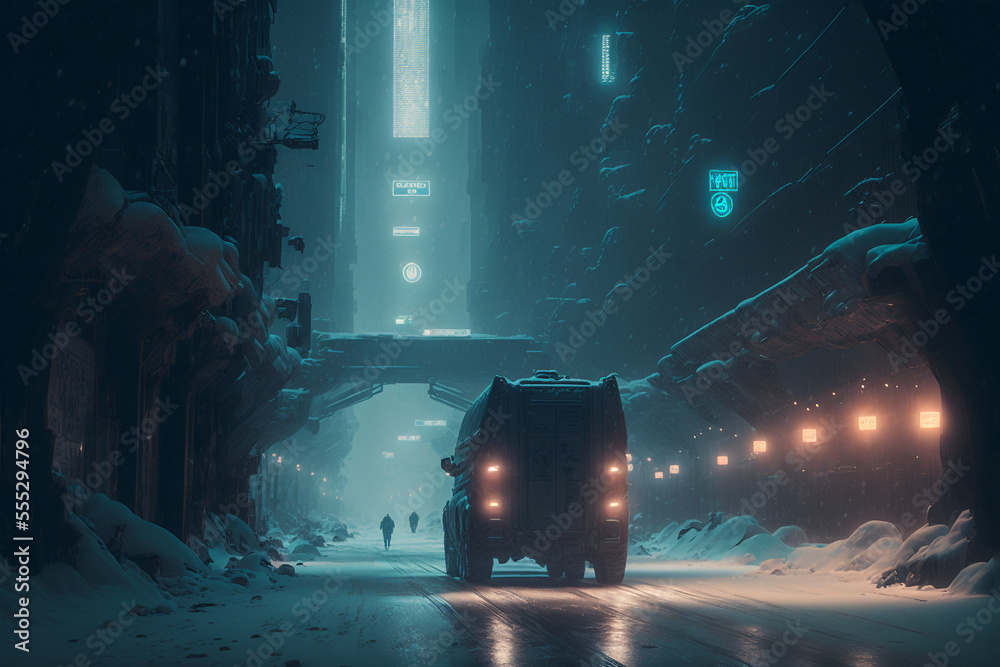 cyberpunk post-apocalyptic dystopian winter city , narrow street, neon ...