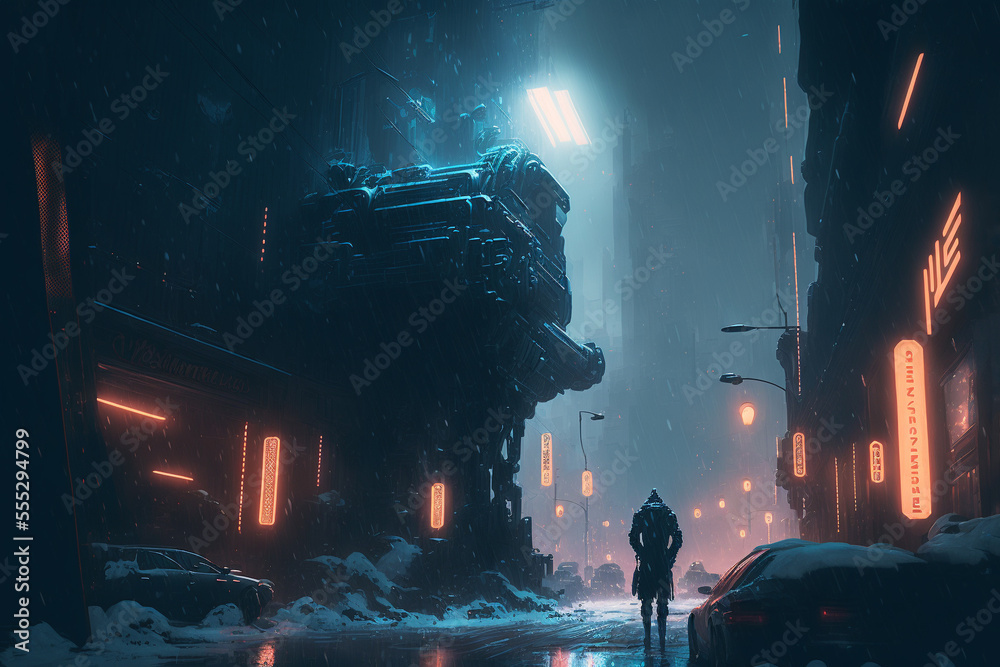 cyberpunk post-apocalyptic dystopian winter city , narrow street, neon ...