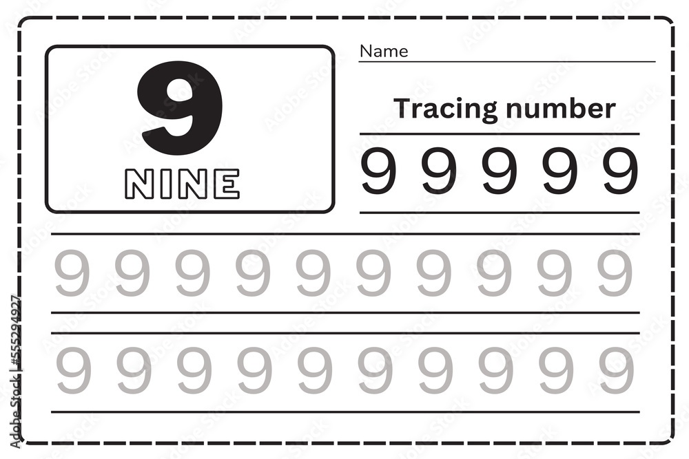 Number nine tracing practice worksheet for kids learning to count and ...