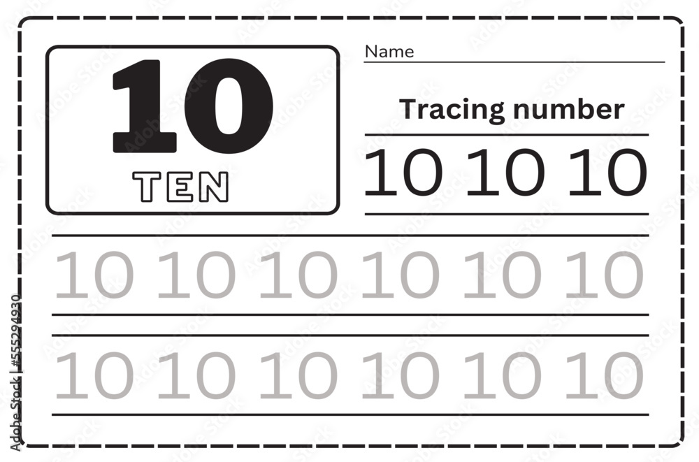 Number ten tracing practice worksheet for kids learning to count and to ...