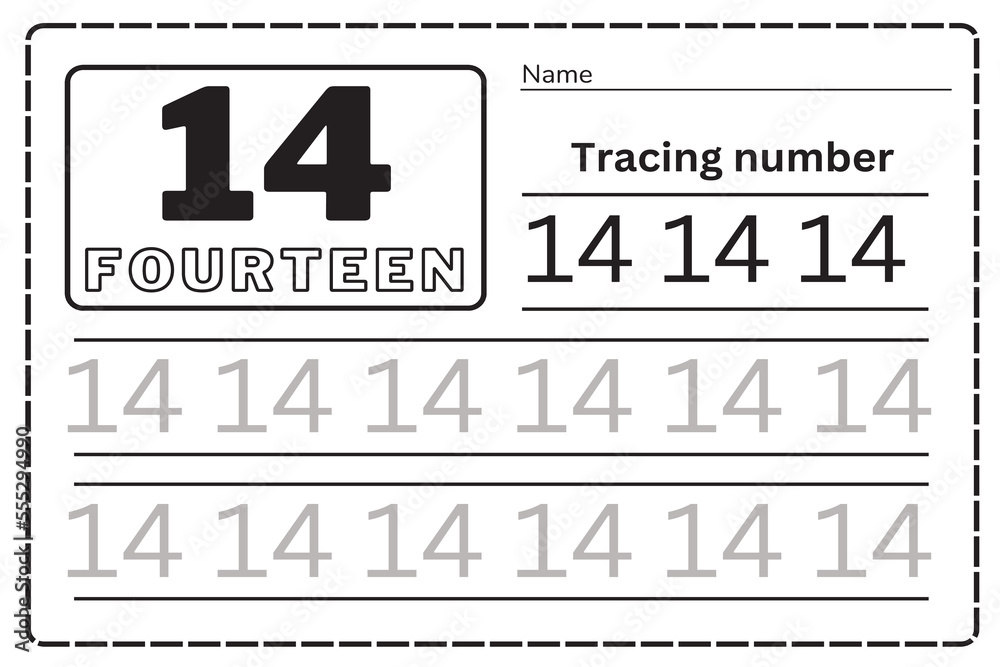 Number fourteen tracing practice worksheet for kids learning to count ...