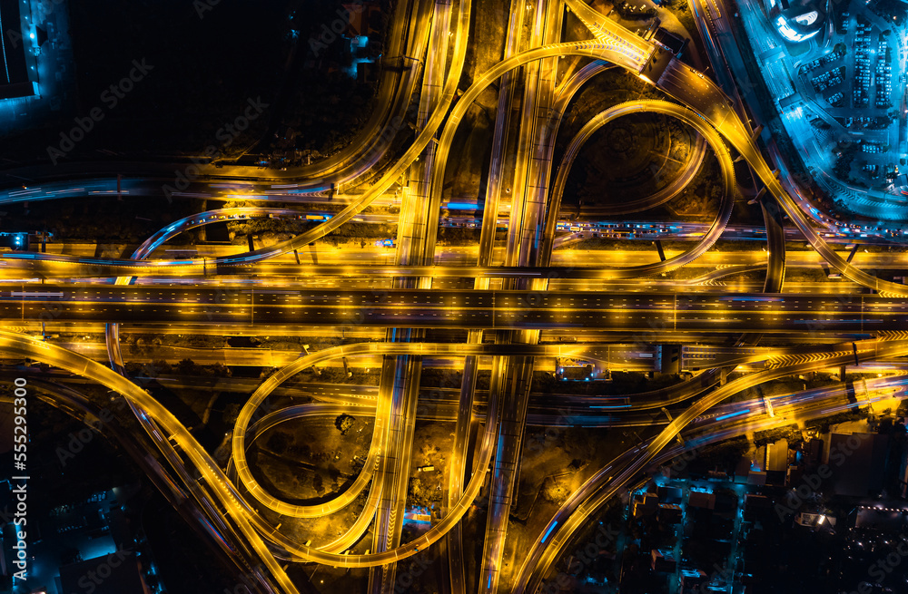 Expressway road. Multilevel junction motorway top view, Road traffic an ...