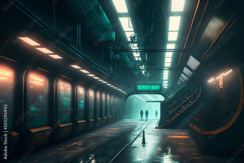 futuristic cyberpunk dystopian post apocalyptic subway station ...