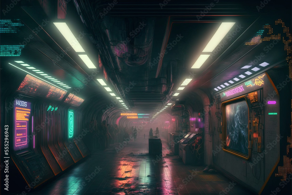 futuristic cyberpunk dystopian post apocalyptic subway station ...