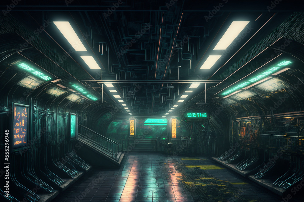 futuristic cyberpunk dystopian post apocalyptic subway station ...