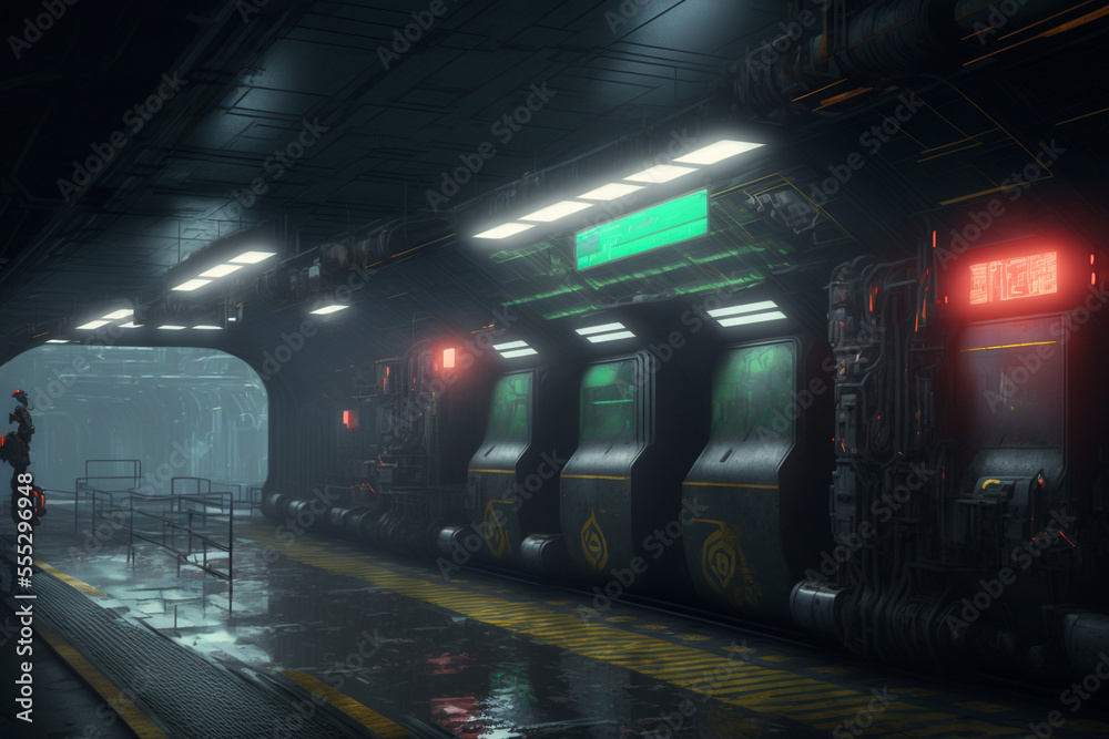 futuristic cyberpunk dystopian post apocalyptic subway station ...