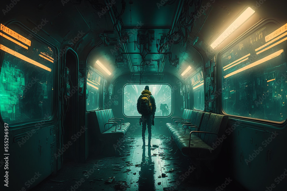 futuristic cyberpunk dystopian post apocalyptic subway train ...