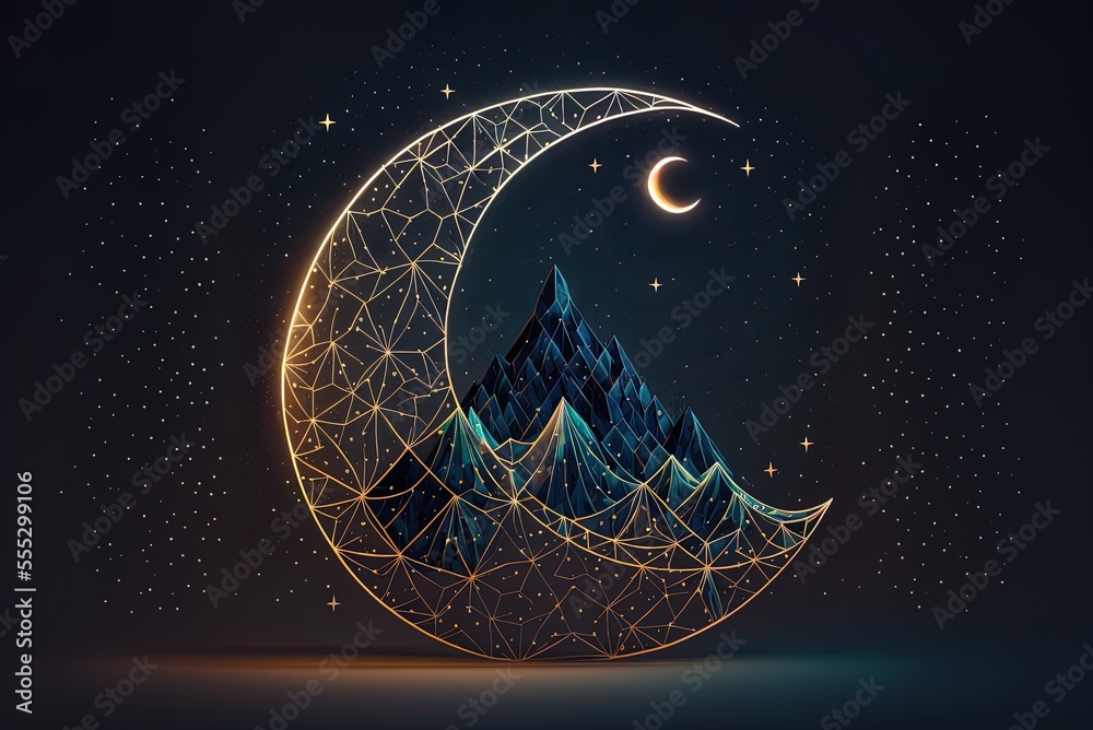 Geometric Illustration and backdrop with a crescent moon and a starry ...