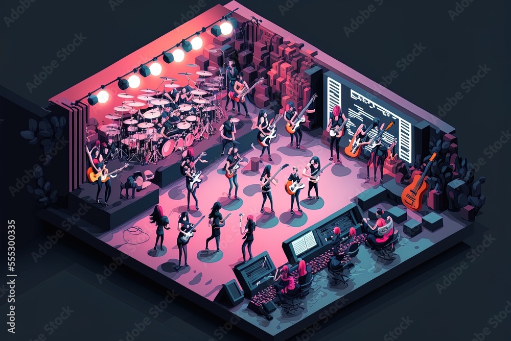 Flat isometric concept of a professional rock and pop music performance ...