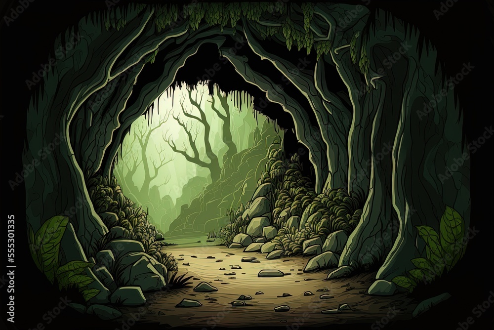 Green moss and lianas drape over a stone passage in this cartoon cave ...
