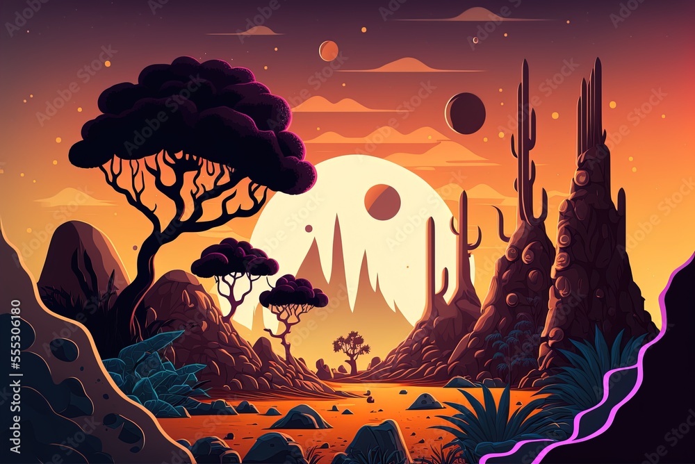 Fantasy themed parallax alien planet background 2D landscape with trees ...