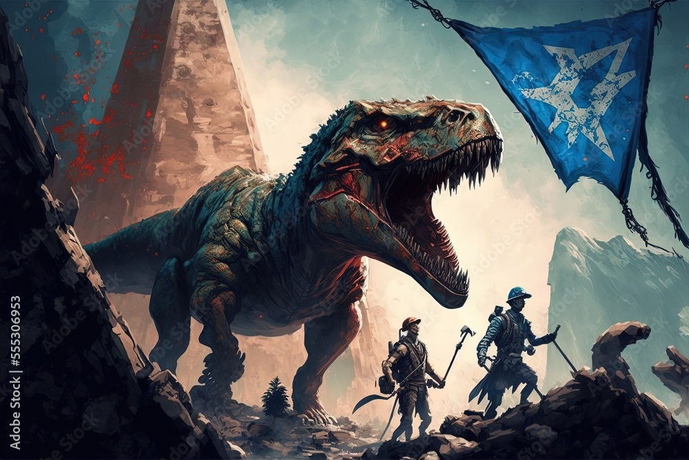 Flag of the ancient world. Dinosaurs and a rumbling volcano a scene ...