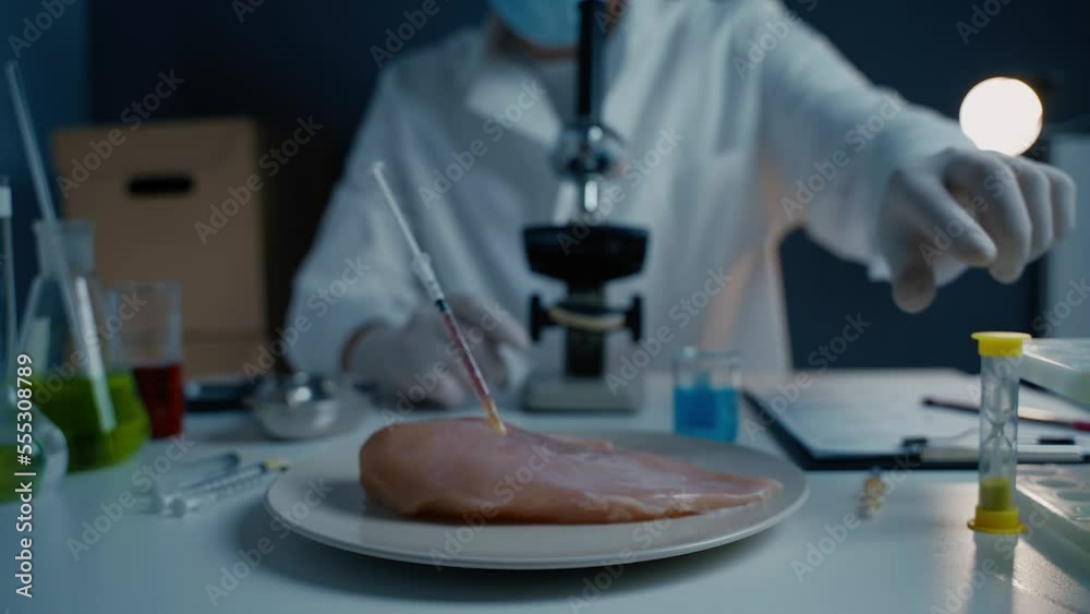 Lab assistant testing GMO chicken. Worker of food quality control ...