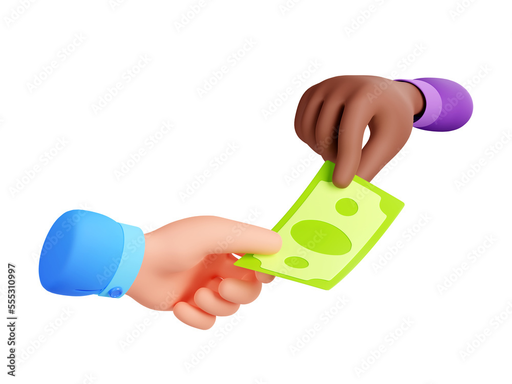 3d render black hand giving money bill to white palm. Businessmen ...