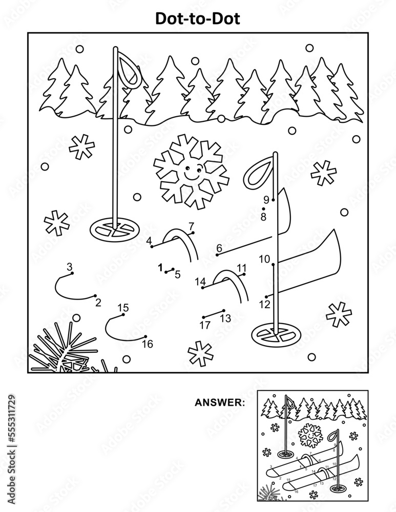 Ski dot-to-dot picture puzzle and coloring page activity sheet Stock ...