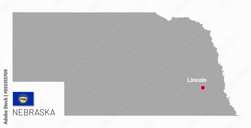 Gray map of Nebraska, federal state of USA. Silhouette of Nebraska ...